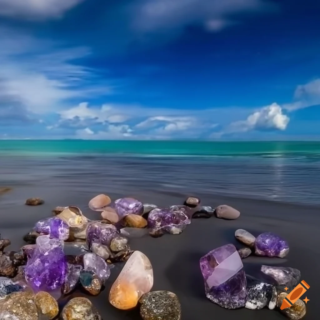 Panoramic view of a tropical coastline with shiny crystals on pebble ...