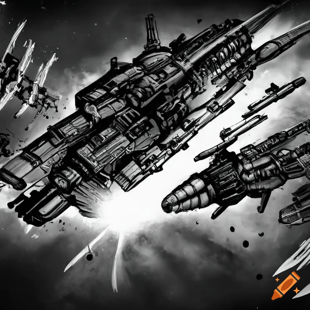 Science fiction illustration of a giant space battleship engaging an ...