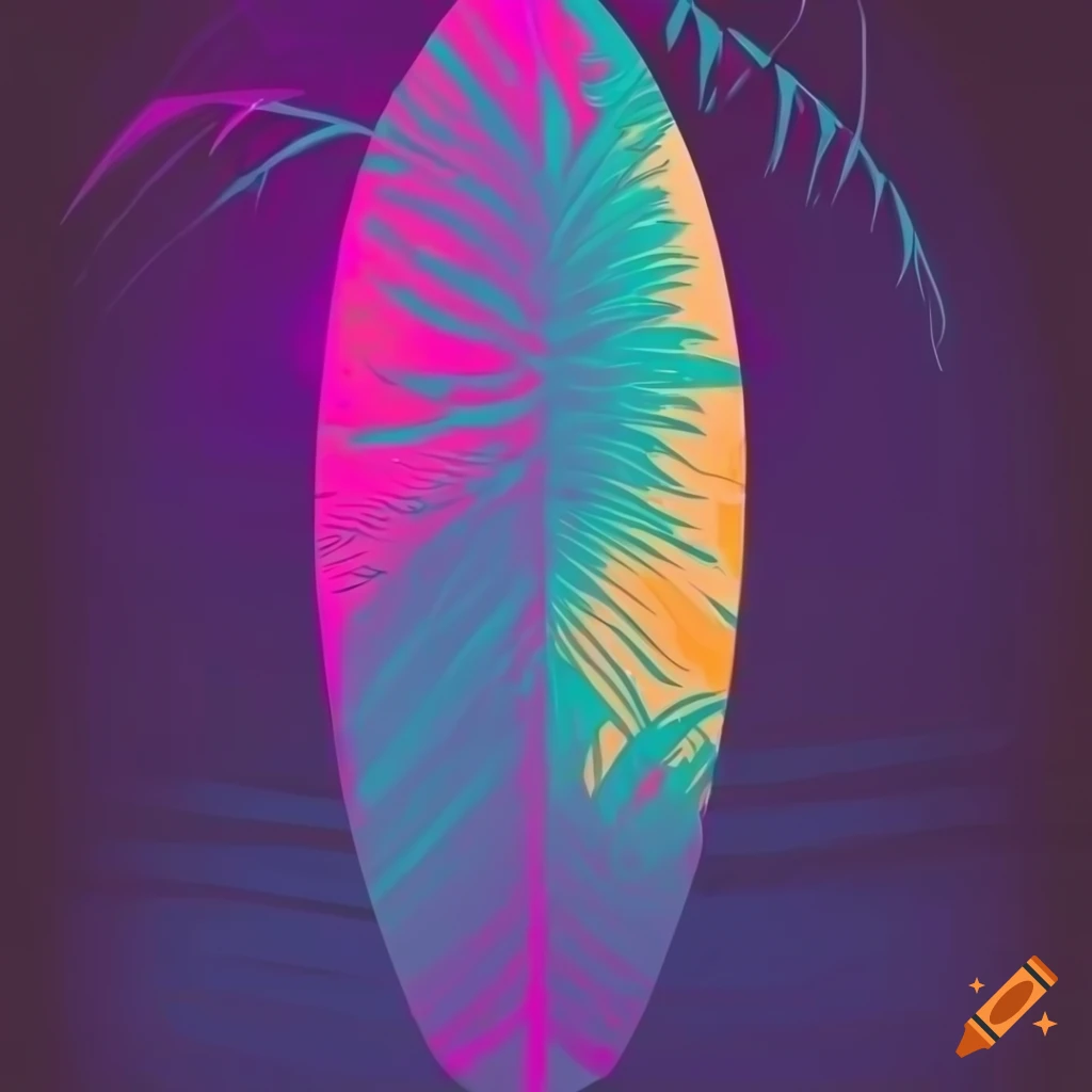 Creative surfboard with palm branch design on a synthwave style ...