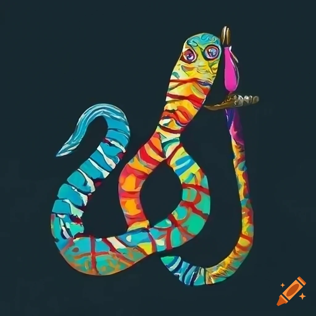 Colorful snake coiled around a sword in the style of pablo picasso on Craiyon