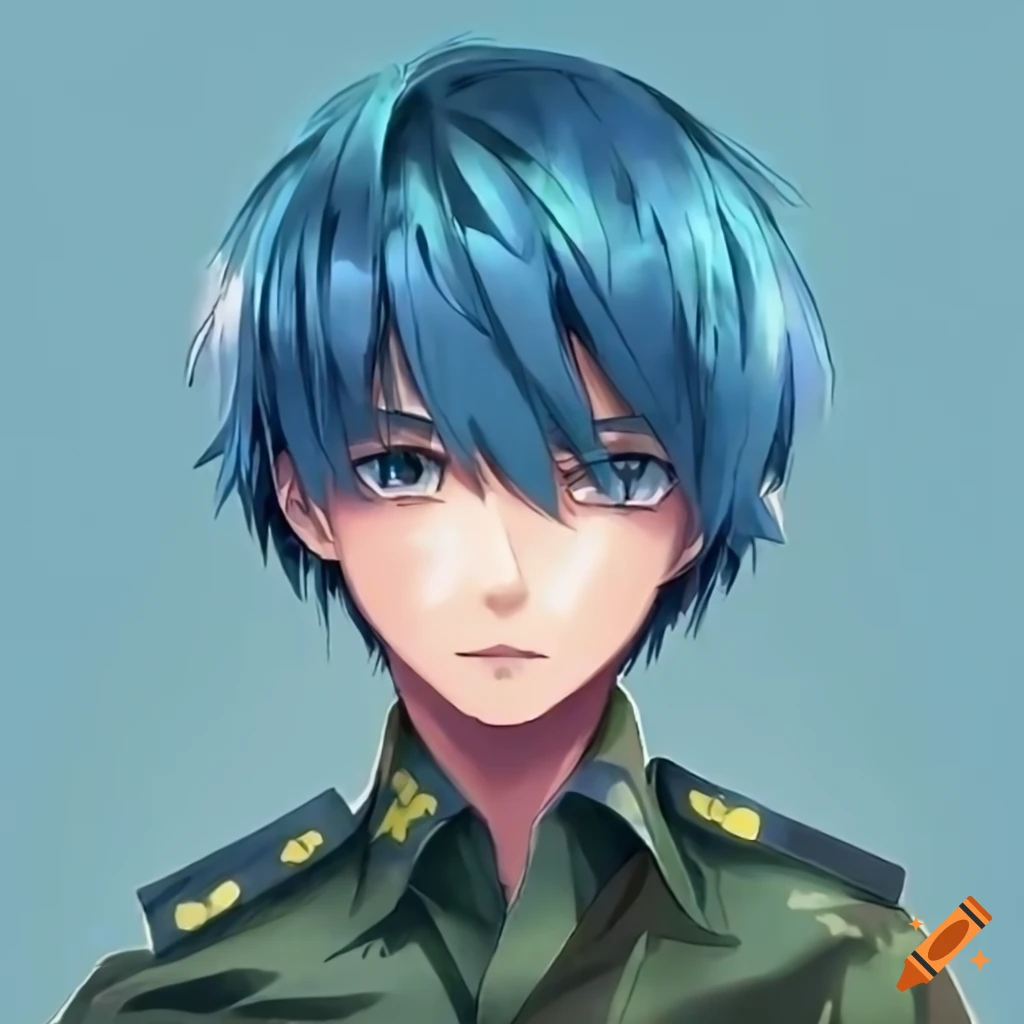 Blue-haired boy in Ukrainian army uniform in anime style on Craiyon