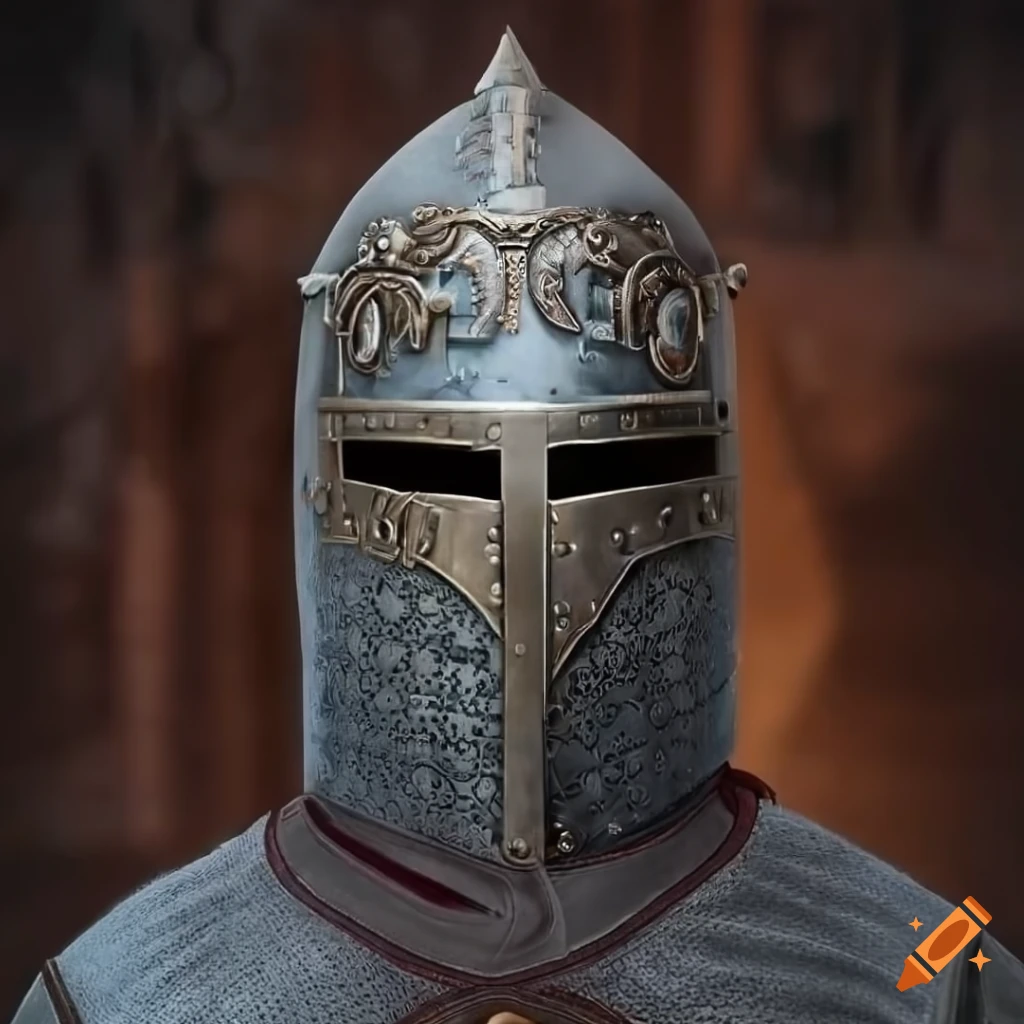Photorealistic knight in baroque antique crusader helmet and armor inspired by Kingdoms of ...