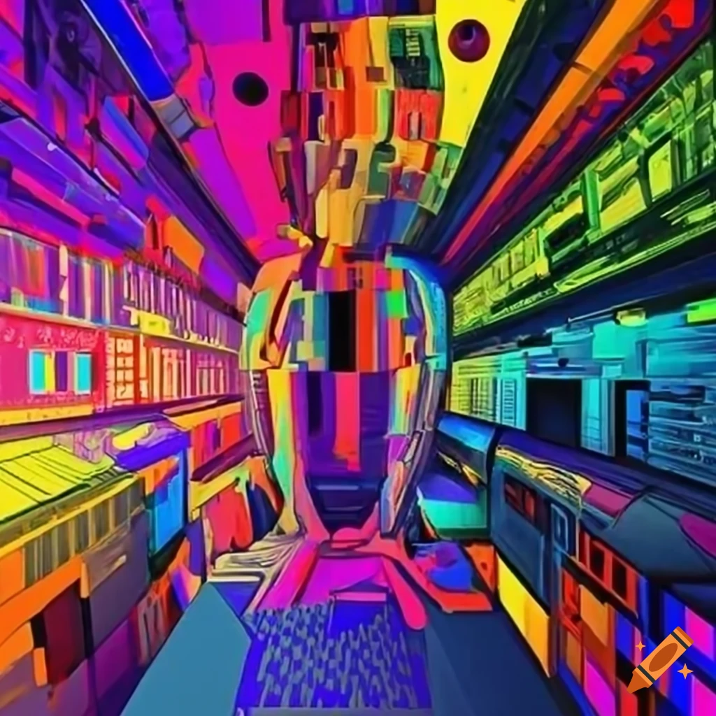 Colorful surreal image of media and technology with pop art elements on ...