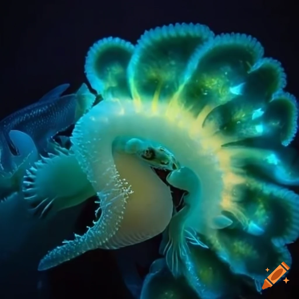 Florescent sea creature reaching for intense light in the dark ocean on ...