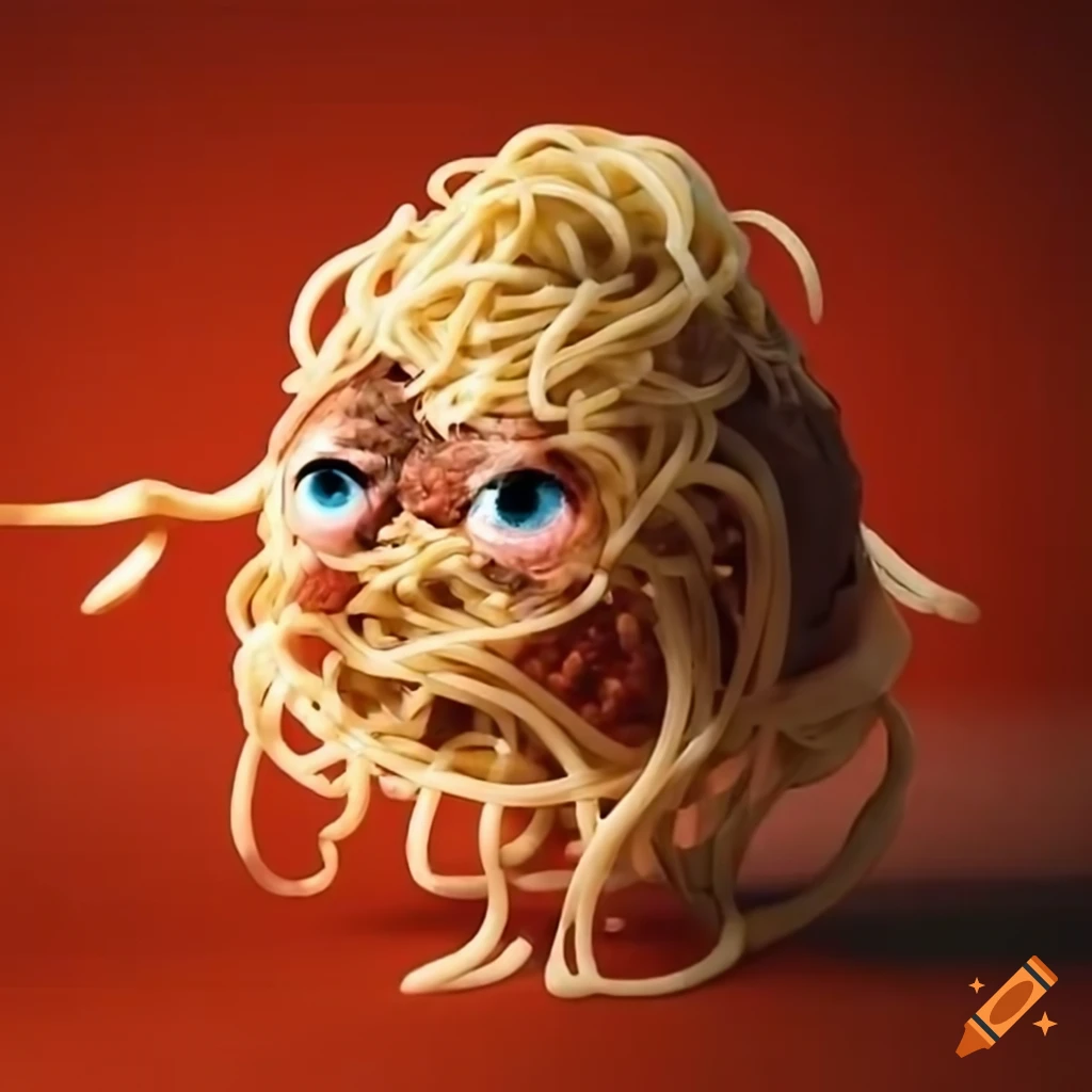 Anthropomorphised meatball with spaghetti arms on Craiyon