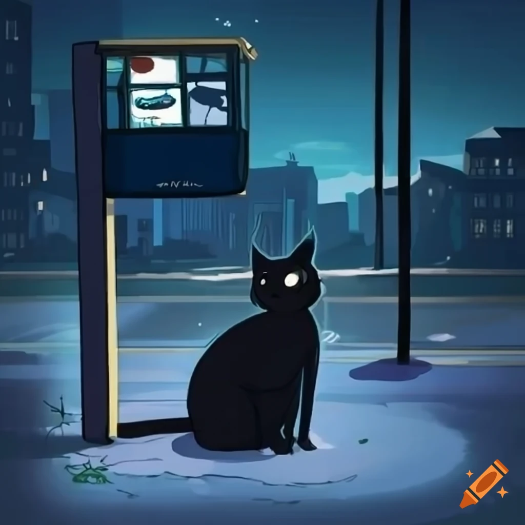 Black cat at a bus stop in a midnight setting, anime cartoon art style ...