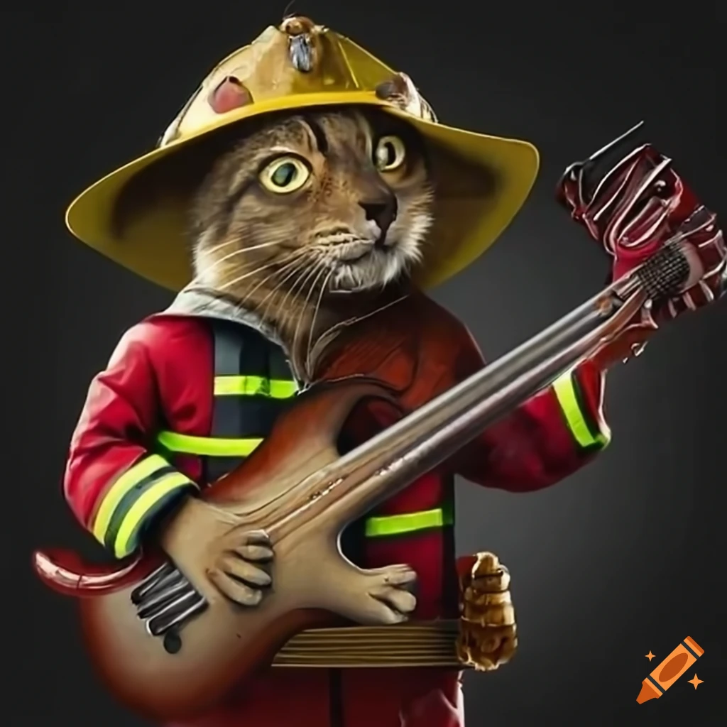 Firefighter playing bass guitar with a cat on Craiyon