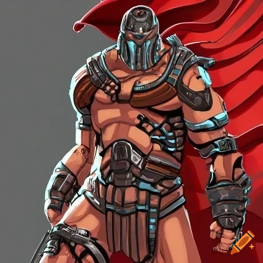 Highly detailed cartoon of a cyborg gladiator with a red cape on Craiyon