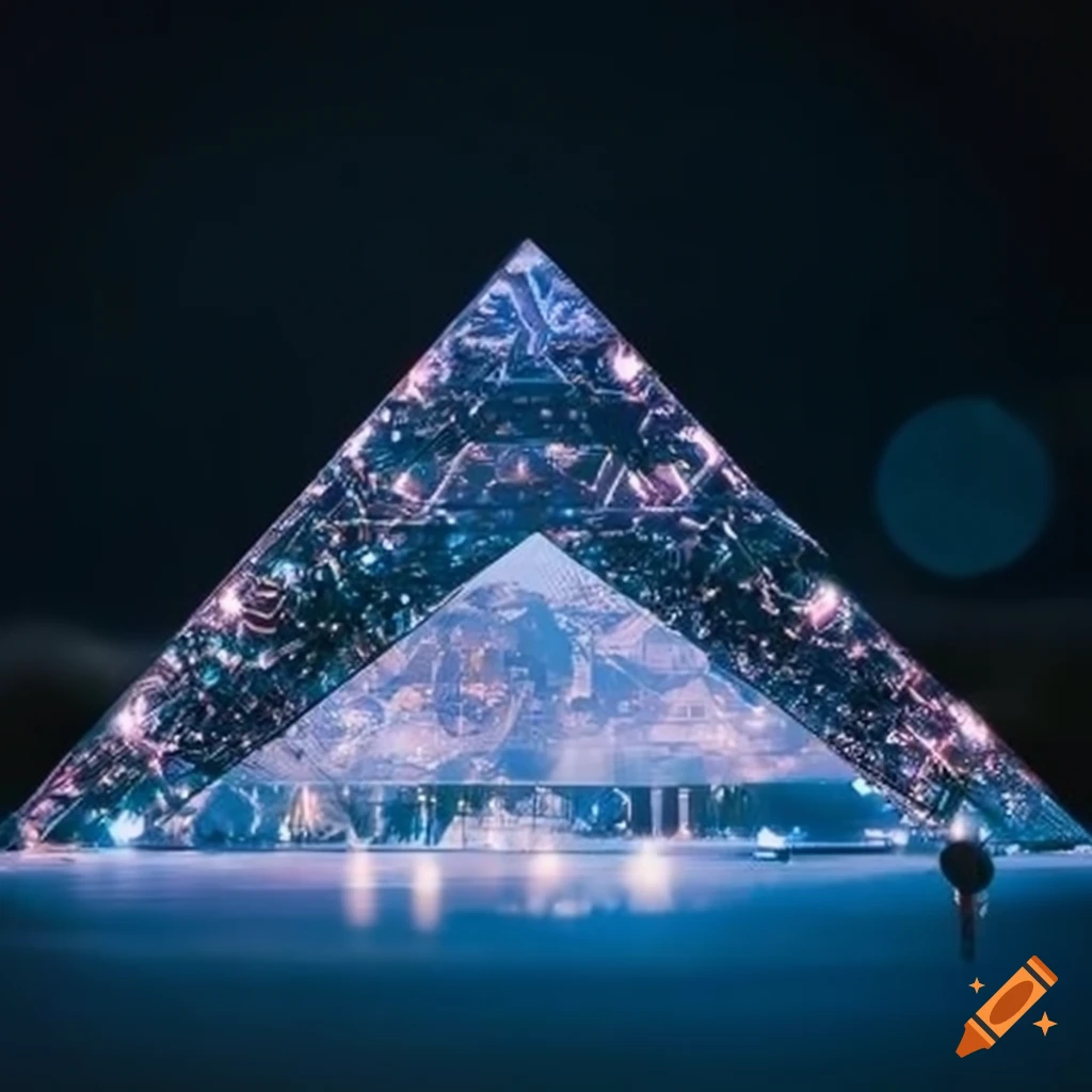 Pyramid-shaped metal and pearl sanctuary in a futuristic city at night ...