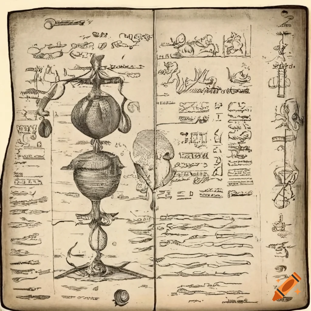 Page from an alchemy manual with diagrams, illustrations, and formulas ...