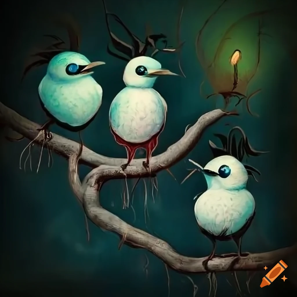 Three birds on a tim burton-style tree on Craiyon