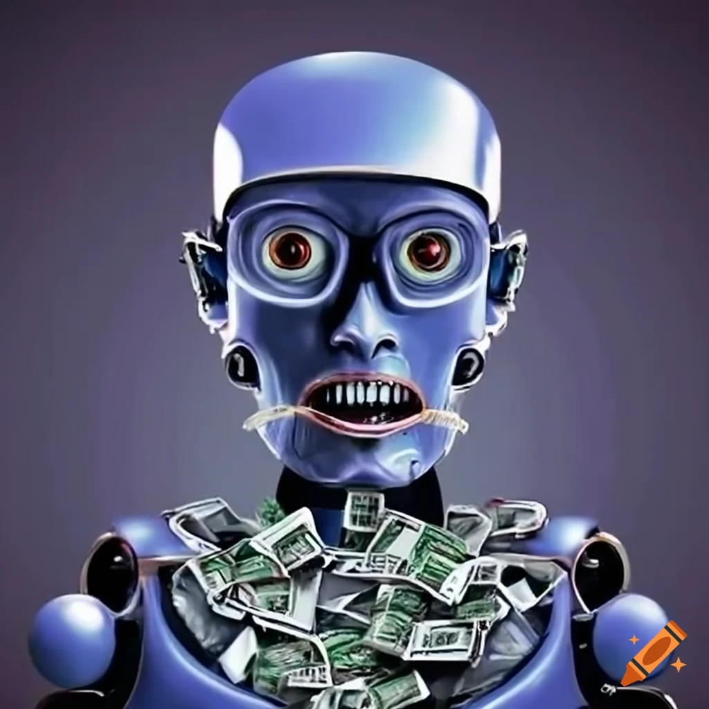 Sinister robot counting money on Craiyon