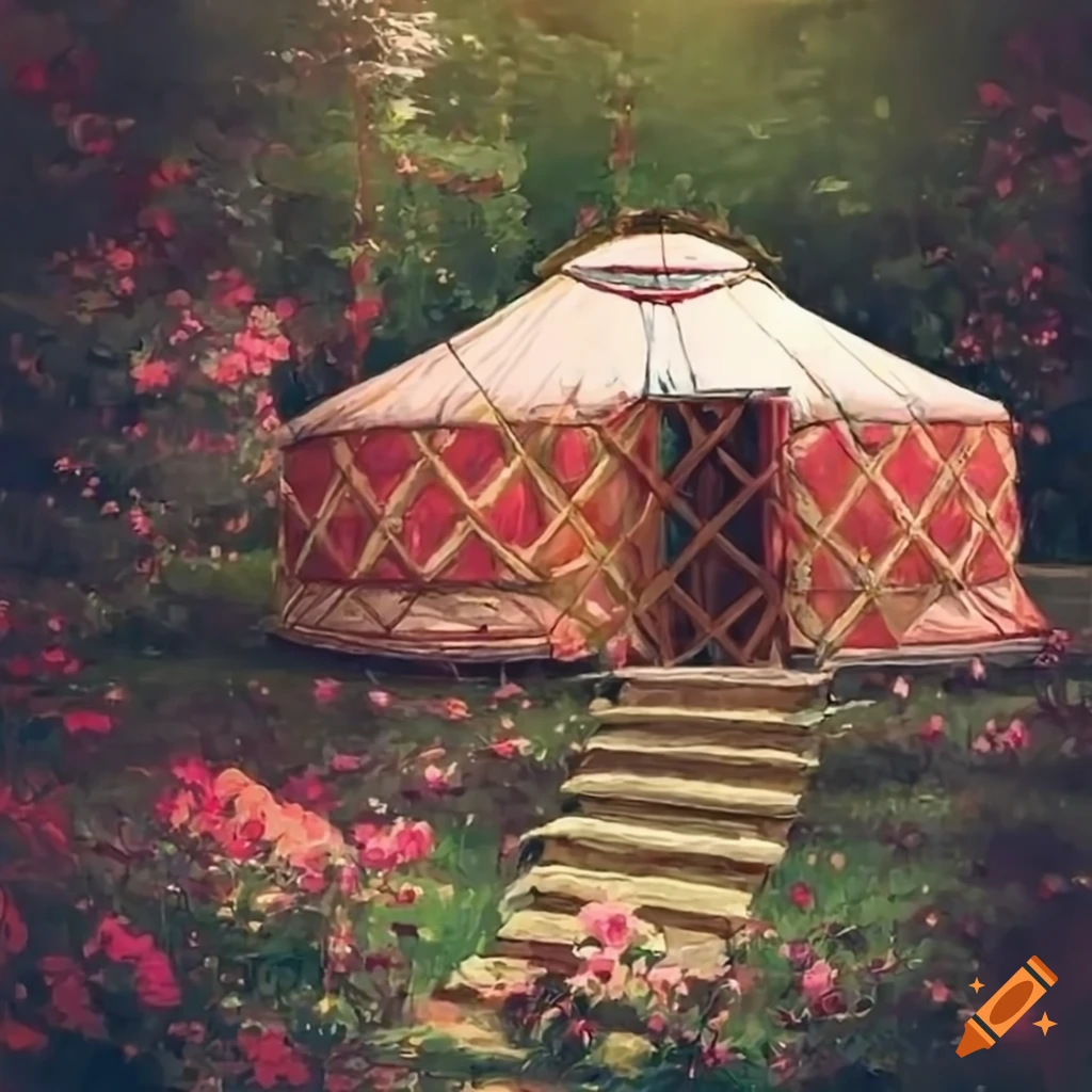 Yurt with large windows in a rose garden with a woman painting on Craiyon