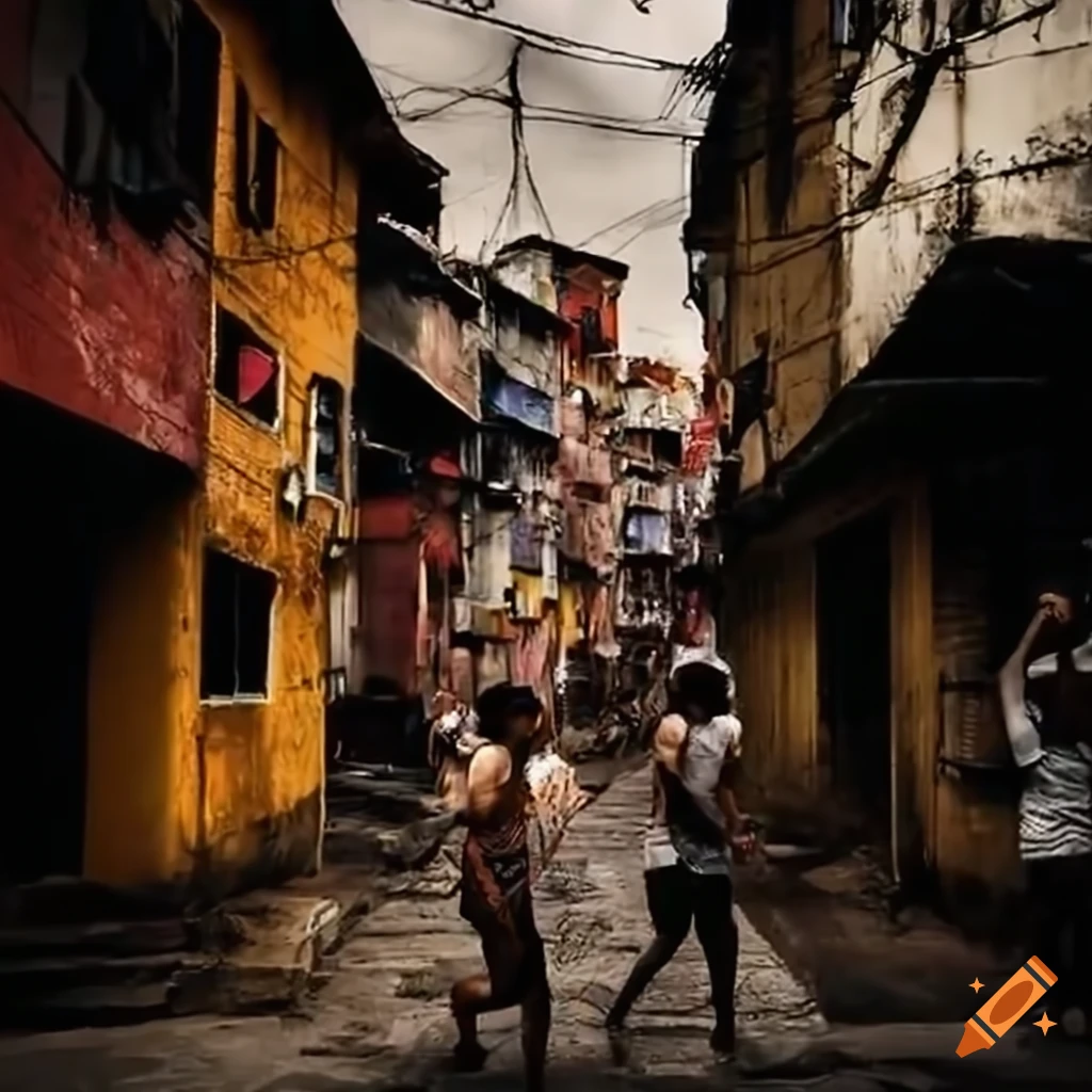 Urban favela streets with people interacting on Craiyon