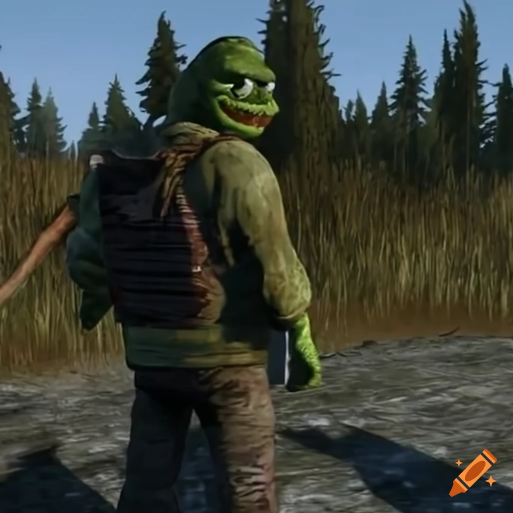 Dayz survivor facing zombie horde with pepe the frog on Craiyon