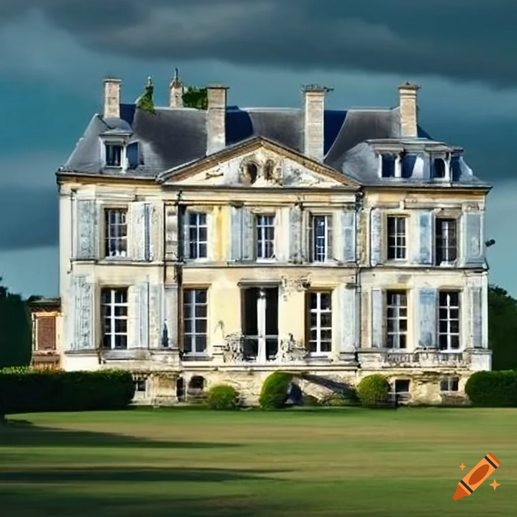 Symmetrical white plastered country mansion in northern France on Craiyon