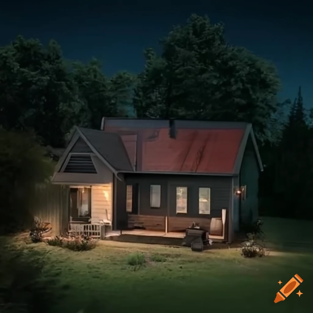 Tiny home with a garage and small front porch on Craiyon