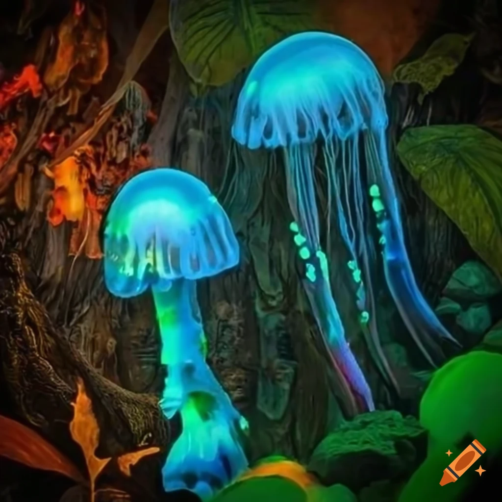 Neon rainforest with vibrant lights and animated plant life on Craiyon