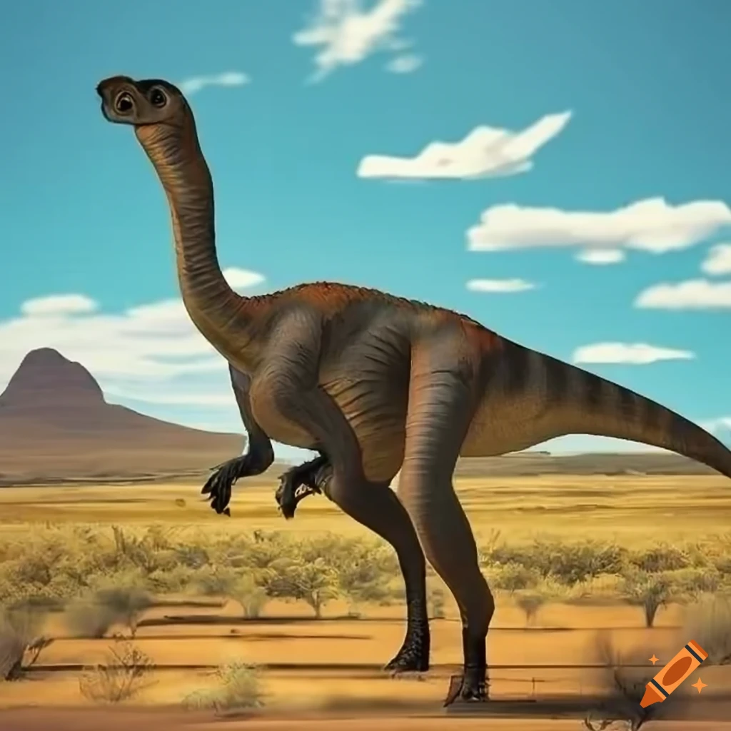Bipedal gallimimus dinosaur with llama color pattern in a Pampa ...