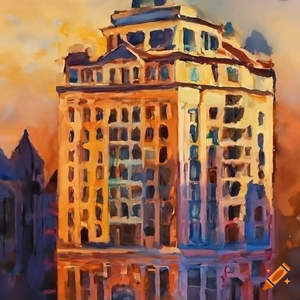 Impressionist gouache of high-rise residential on top of a city gate ...