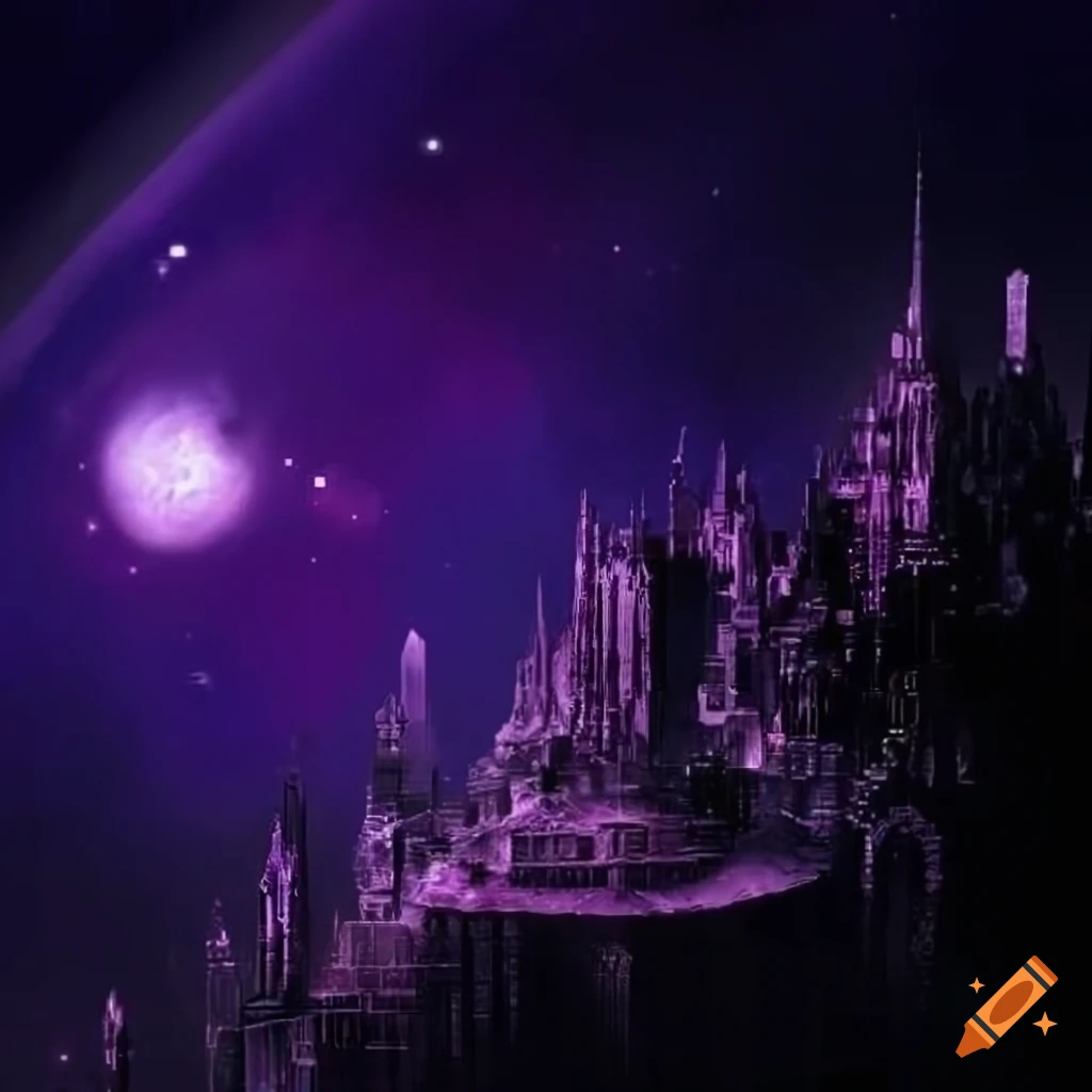 Gothic city floating in space with purple and black eldritch eyes on ...