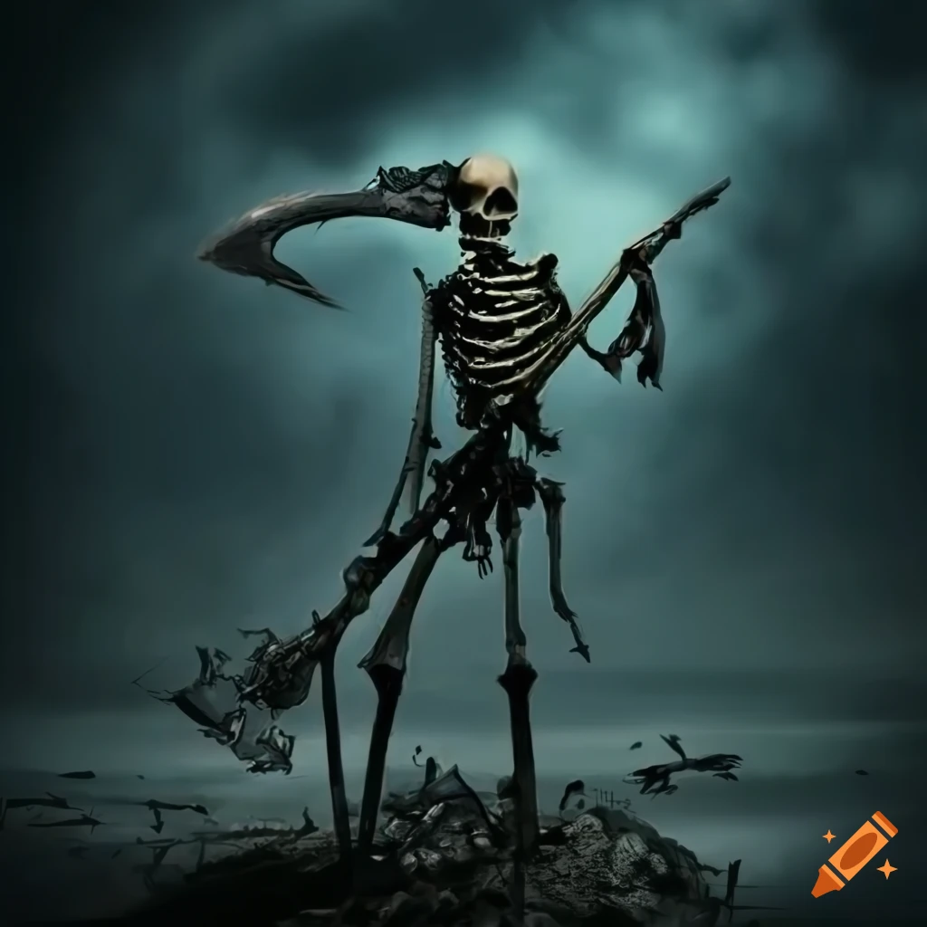 Wasteland skeleton holding a scythe with crumbling buildings and dark ...