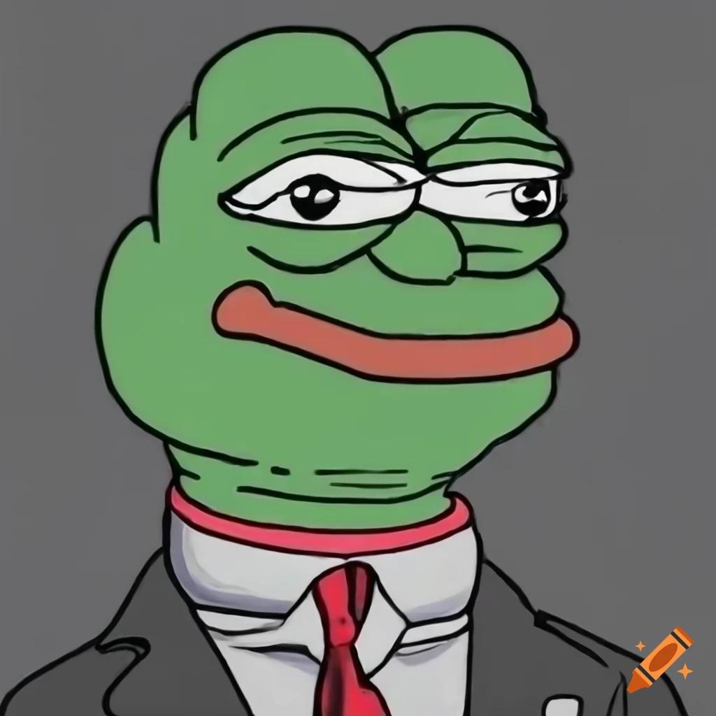Smiling pepe meme frog in black suit and red tie with lapel pin on Craiyon