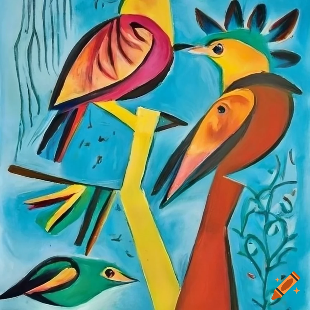 Three birds on a tree in the style of pablo picasso on Craiyon