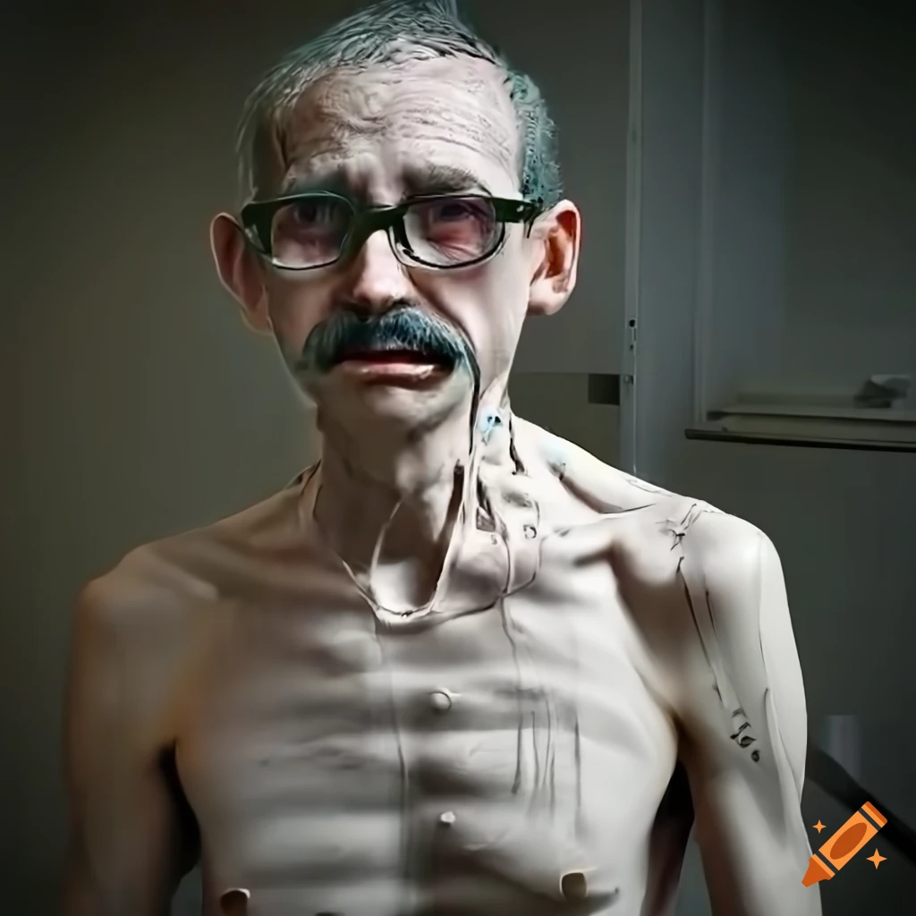 Quirky nerdy skinny old male cyborg digitally glitched with random ...