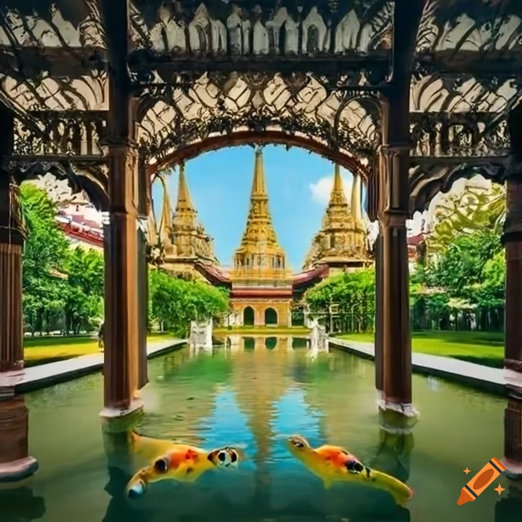 Spacious columns and greenery surrounding a grand palace with a koi ...