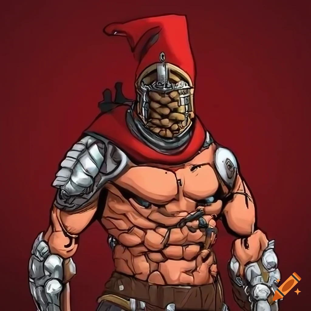 Highly detailed cartoon of a cyborg gladiator with a red cape on Craiyon
