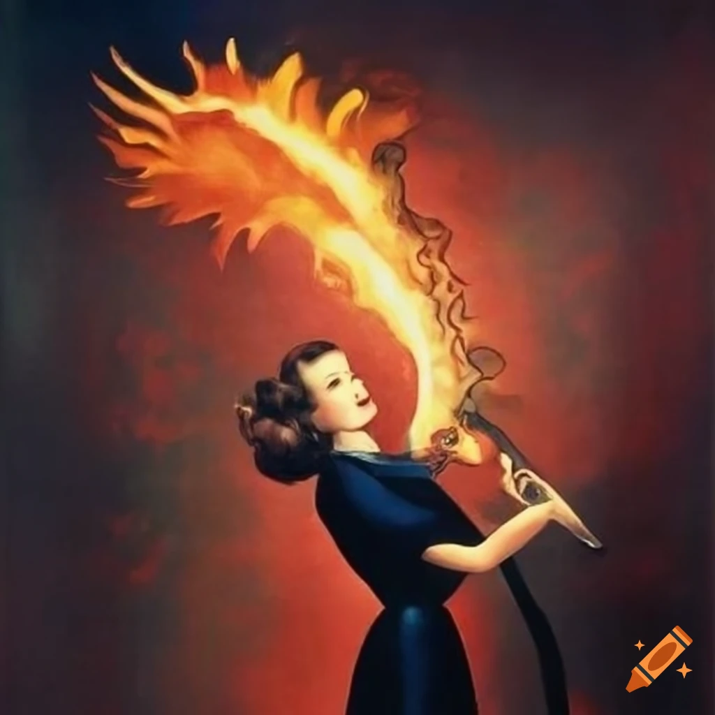 Lauren bacall with fiery hair holding a fire-drawn sickle against a ...