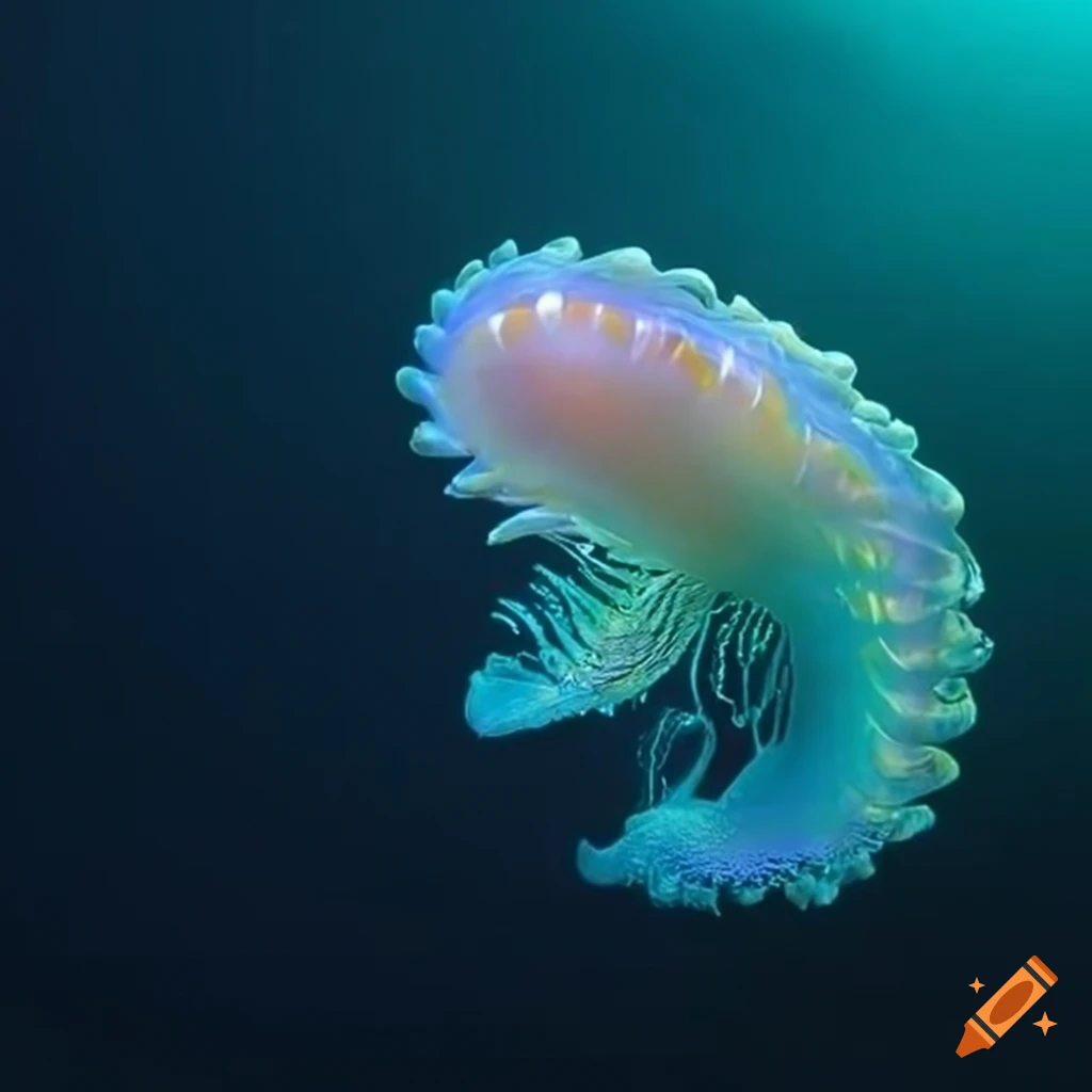 Florescent sea creature reaching for intense light in the dark ocean on ...