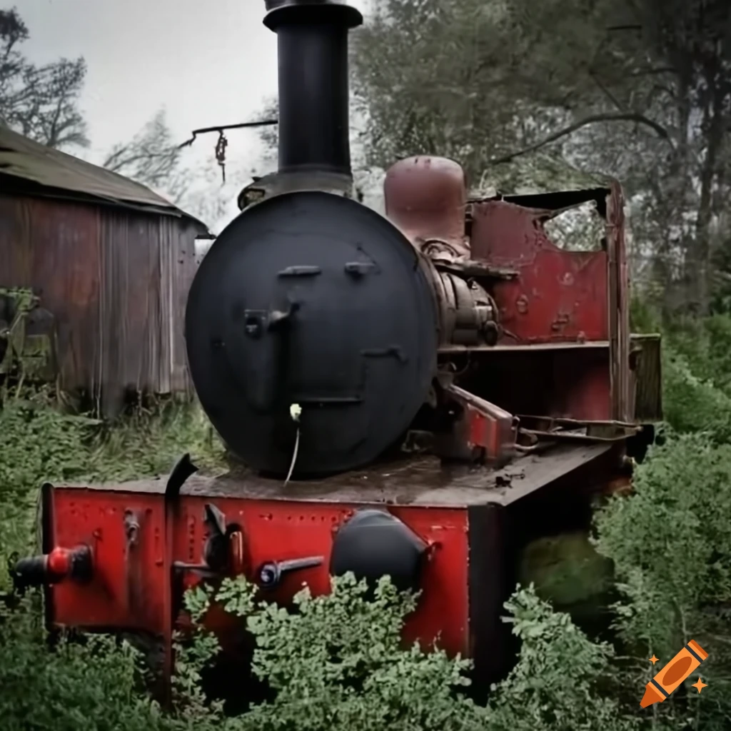 Old and worn-out tank engine in an abandoned shed surrounded by grass ...