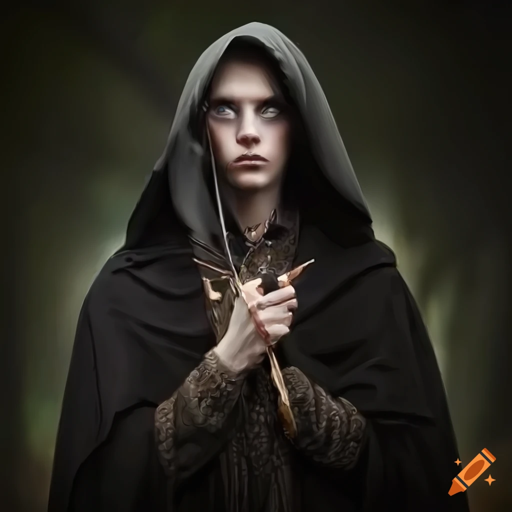 Androgynous elf with flowing hair and intense expression in the woods ...