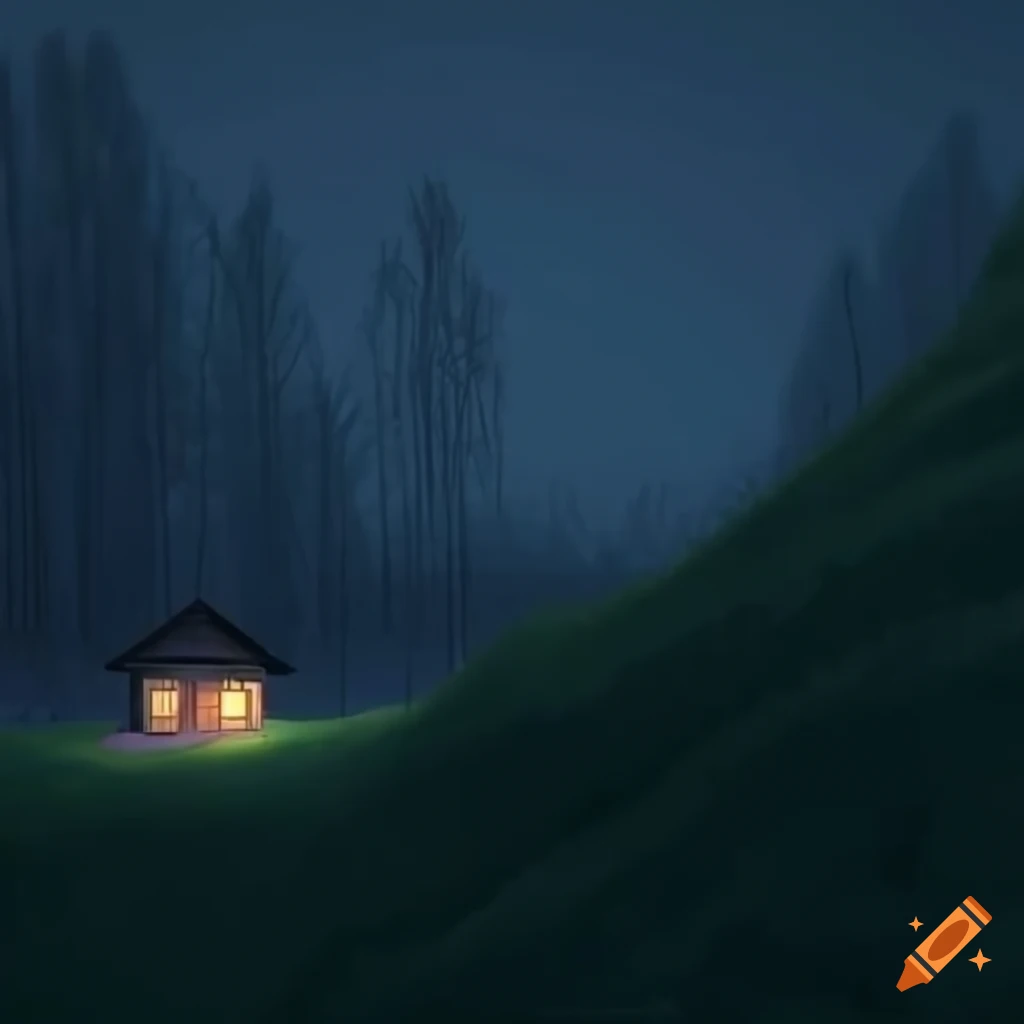 Simple realistic hut on a hill with light from the window in the ...