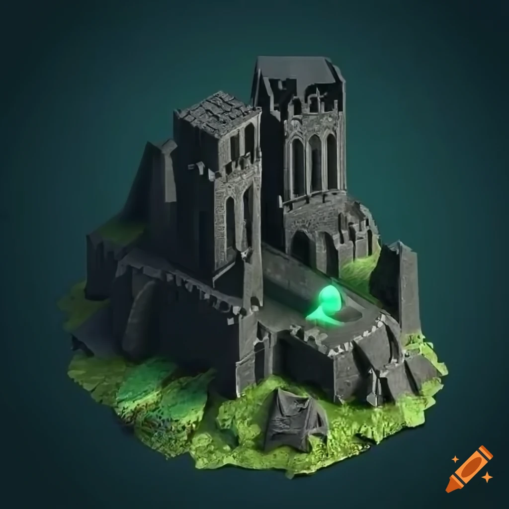 Detailed isometric black stone castle with basalt columns and green ...