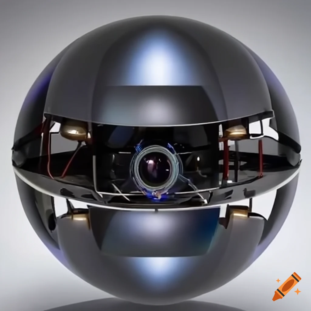Flying spherical robot with antennas and a large camera lens on Craiyon