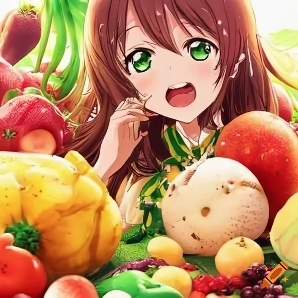 Group of cartoon fruits and vegetables showcasing love and life on Craiyon