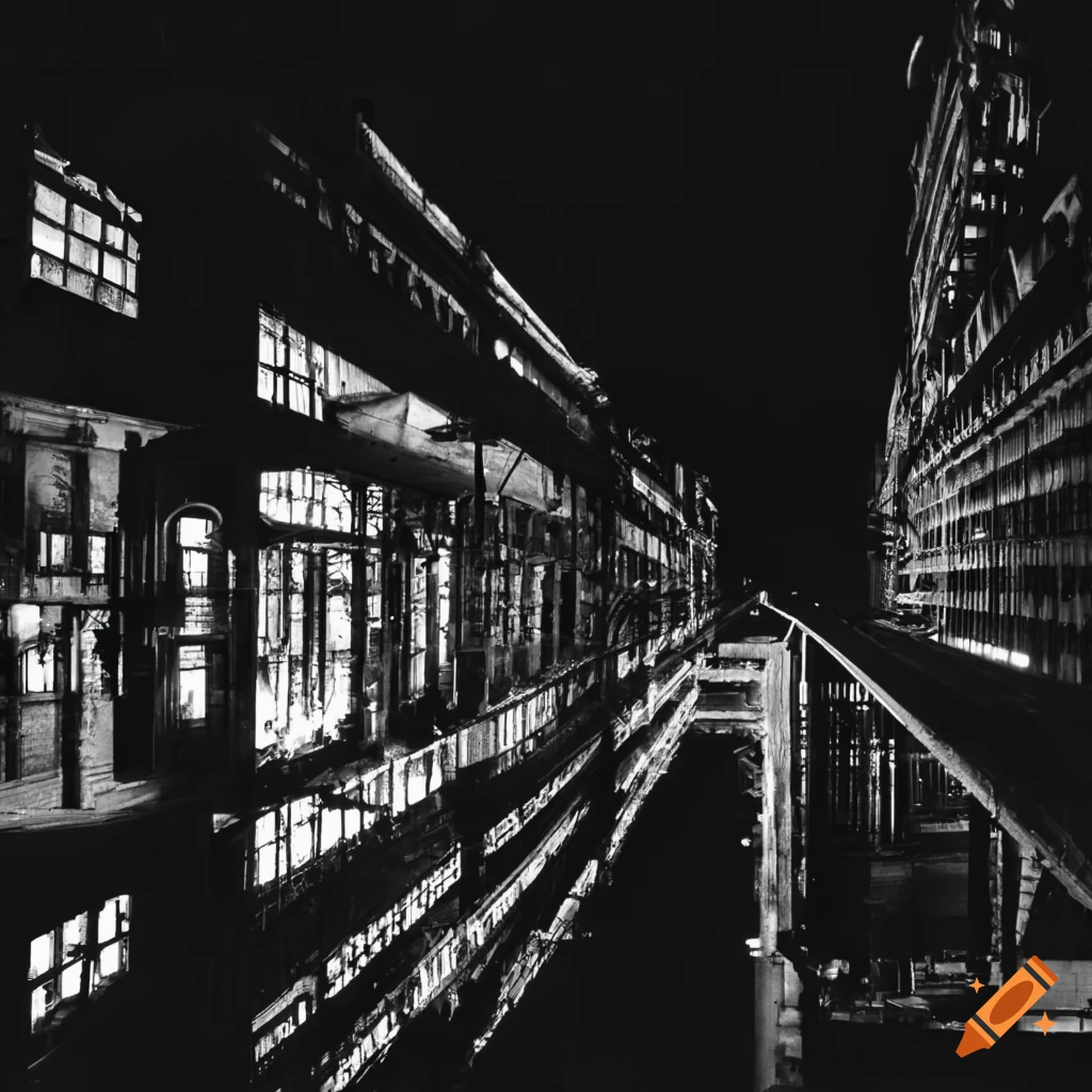 Night view of industrial area with illuminated building on Craiyon