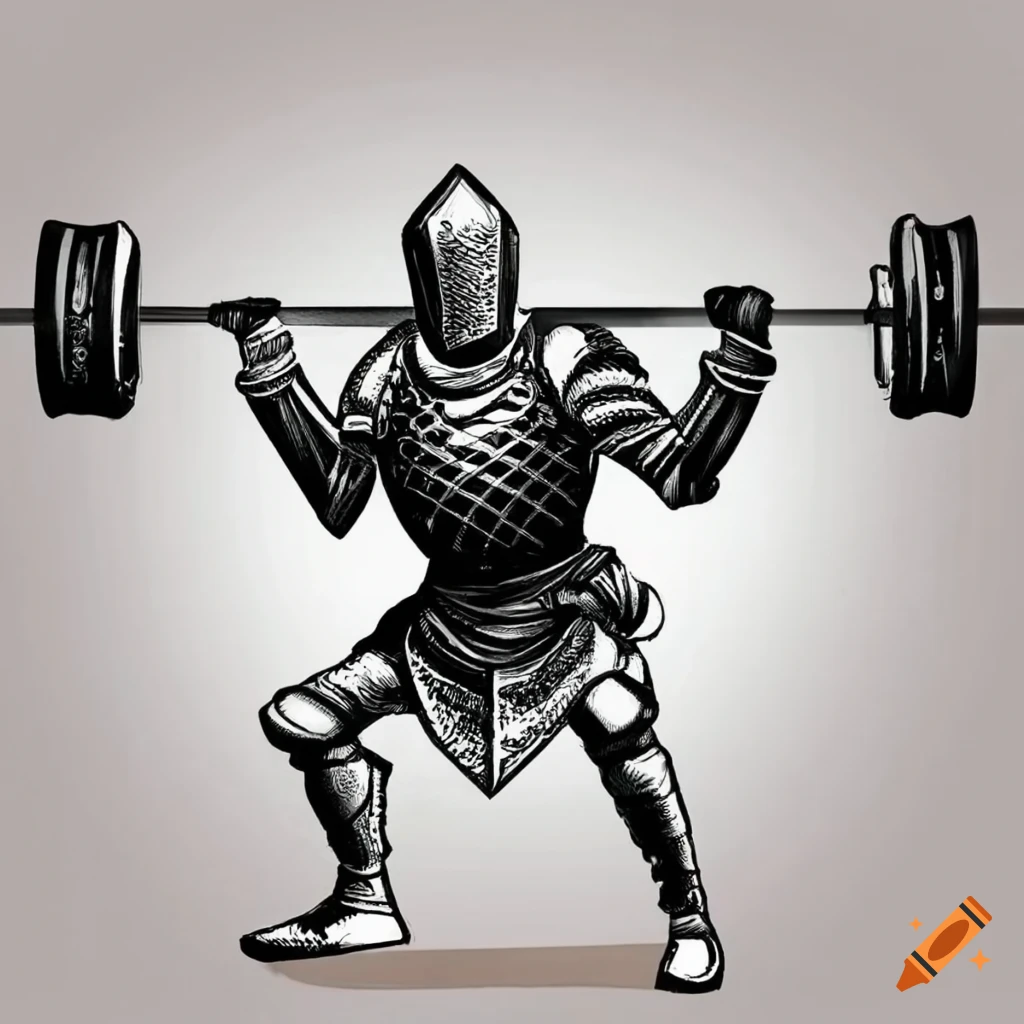 Medieval engraving of a knight in armor performing barbell squats on ...