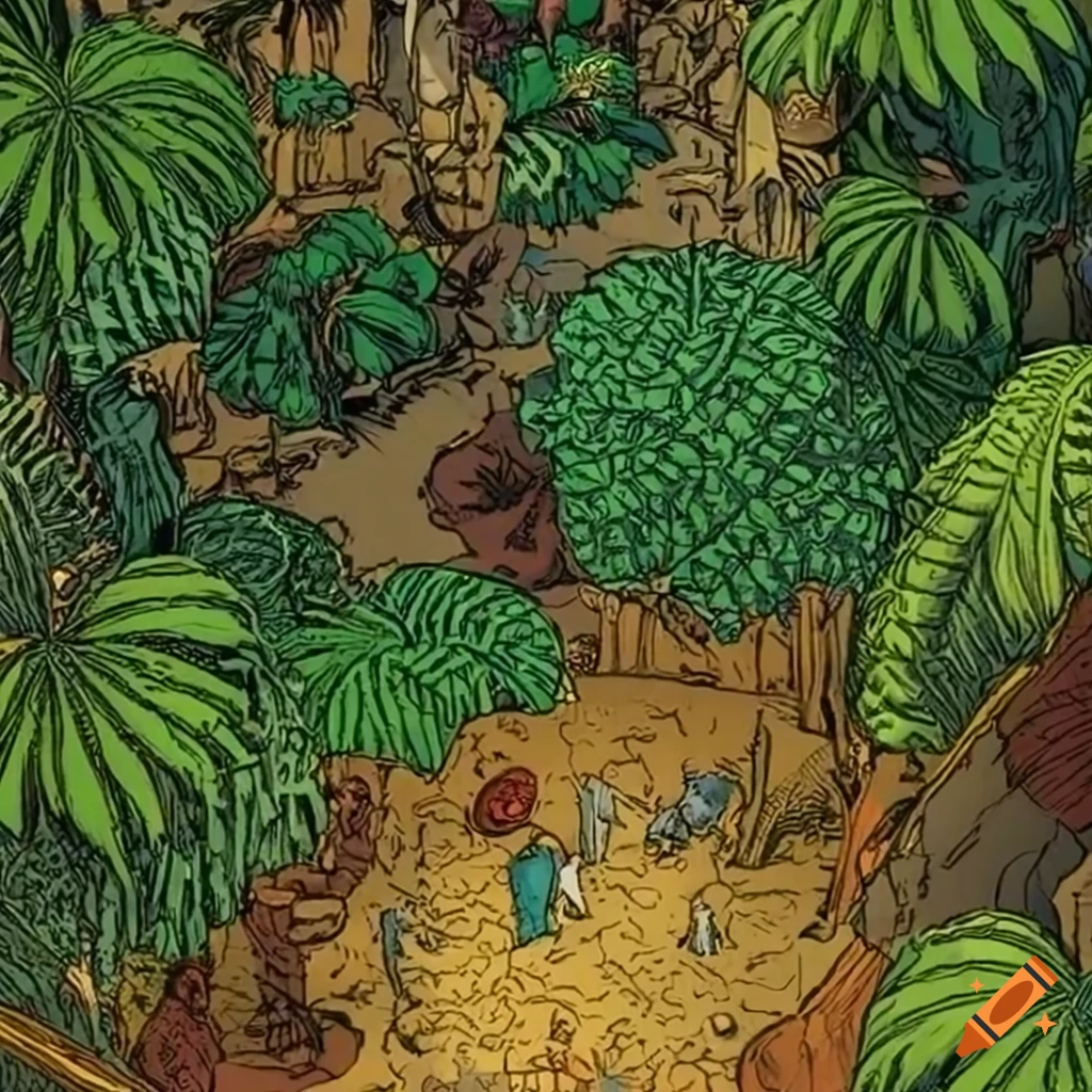 Tropical jungle in comic style of moebius from a bird's eye view on Craiyon