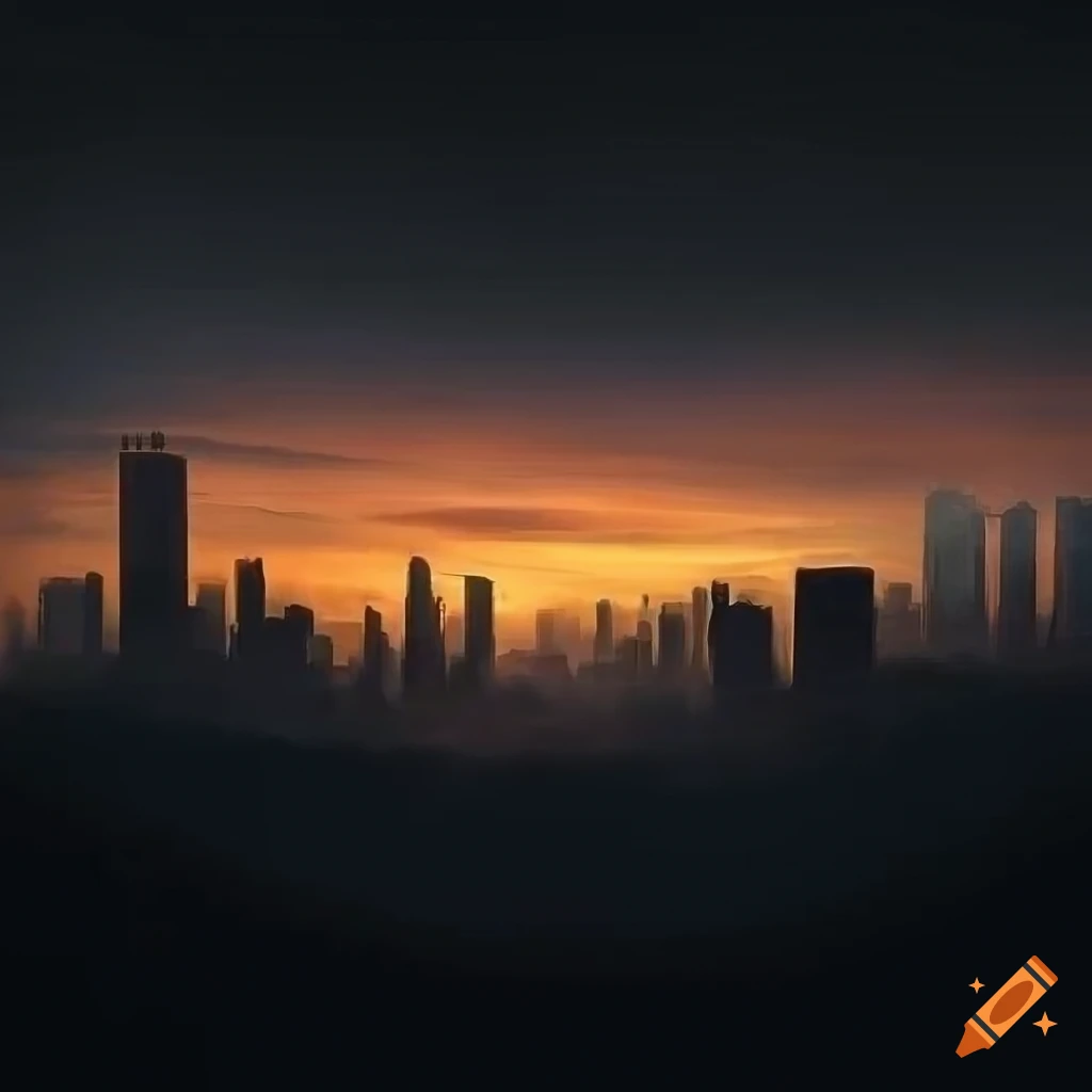 Realistic city skyline with power outage against a black sky on Craiyon