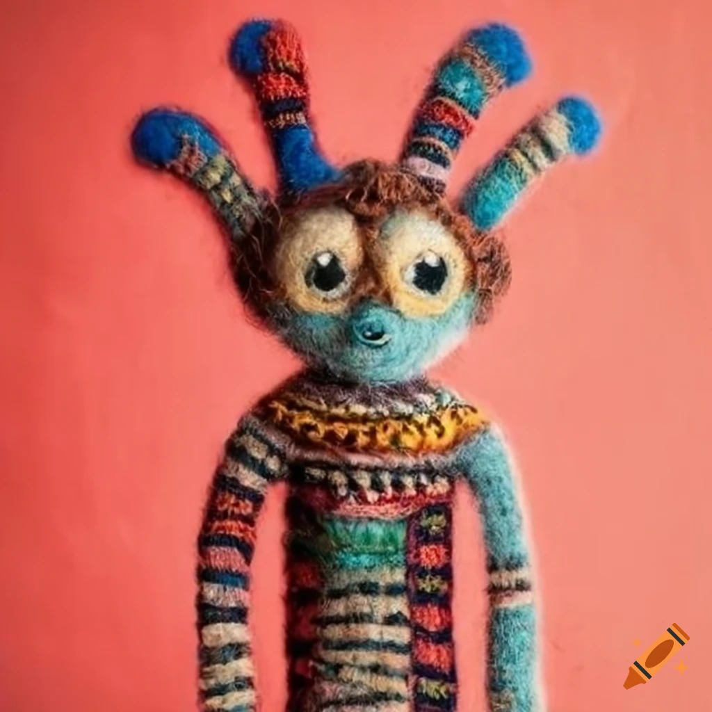 Felted wall creatures wearing intricate tribal outfits on Craiyon