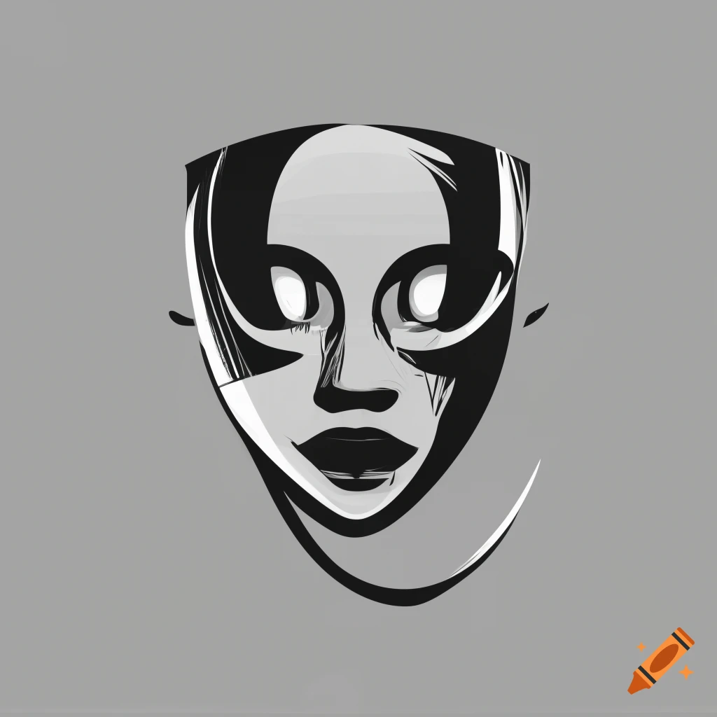 Two-faced mask logo with distinct characters in black and white vector ...