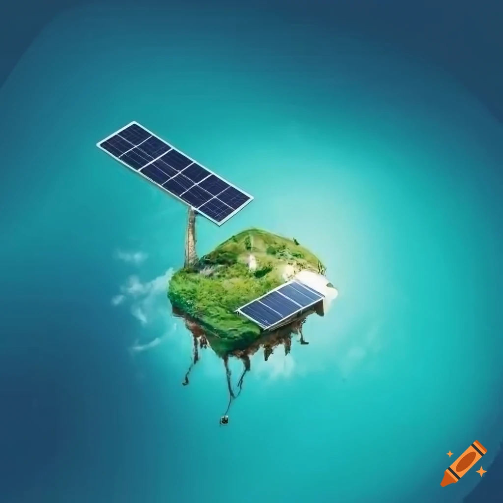 Floating land with building and solar panels on Craiyon