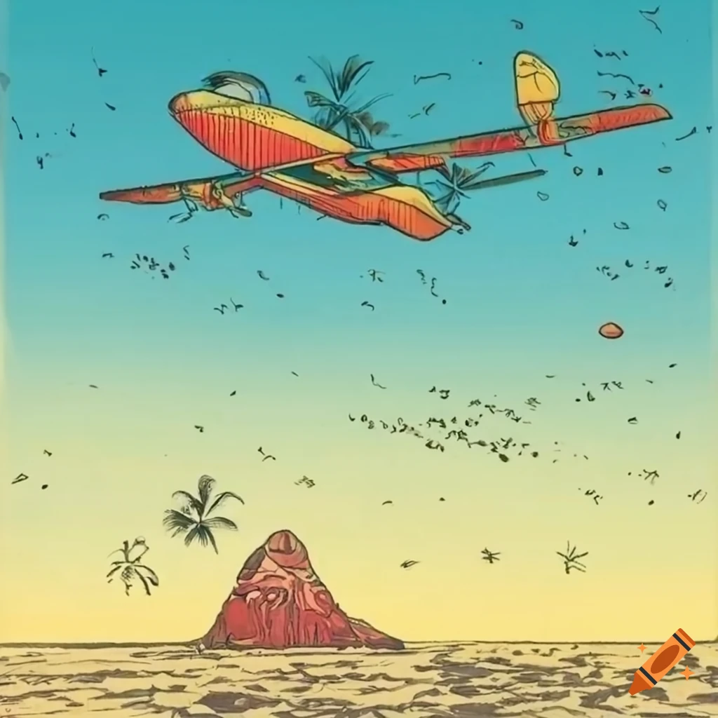 Vintage aeroplane over tropical island in a moebius-style surreal comic ...