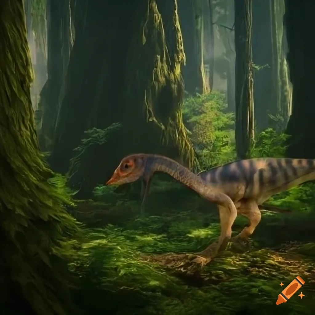 Feathered dinosaur in a cedar forest with fallen trees and fern undergrowth in the morning light ...