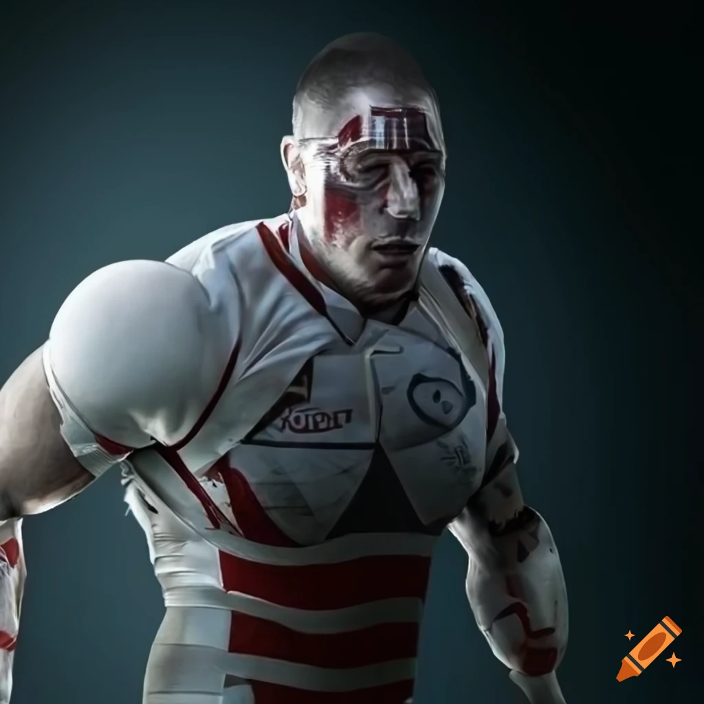 Cyborg male rugby player with led-lit enlarged head on Craiyon