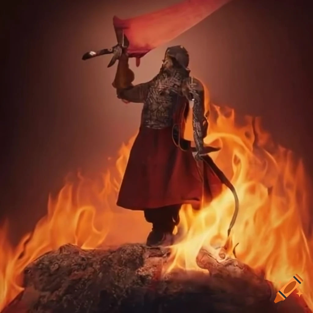 Man holding a flaming sword on Craiyon